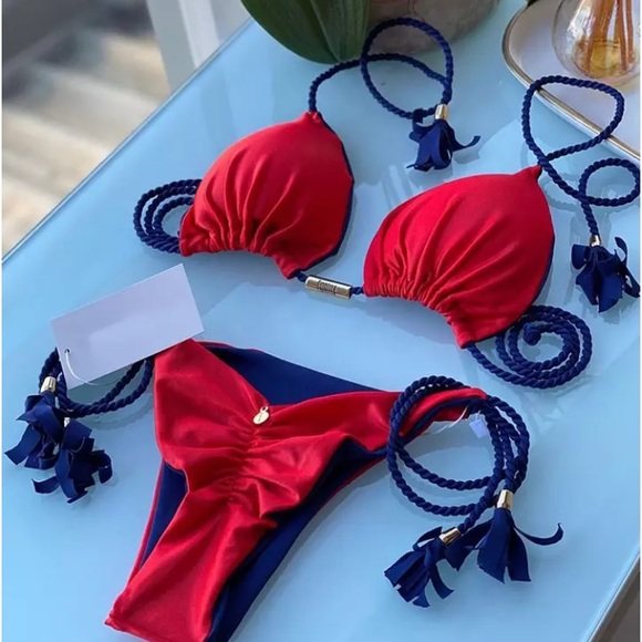 kelzposh | Swim | Red Navy Scrunched Booty Twist String Bikini | Poshmark